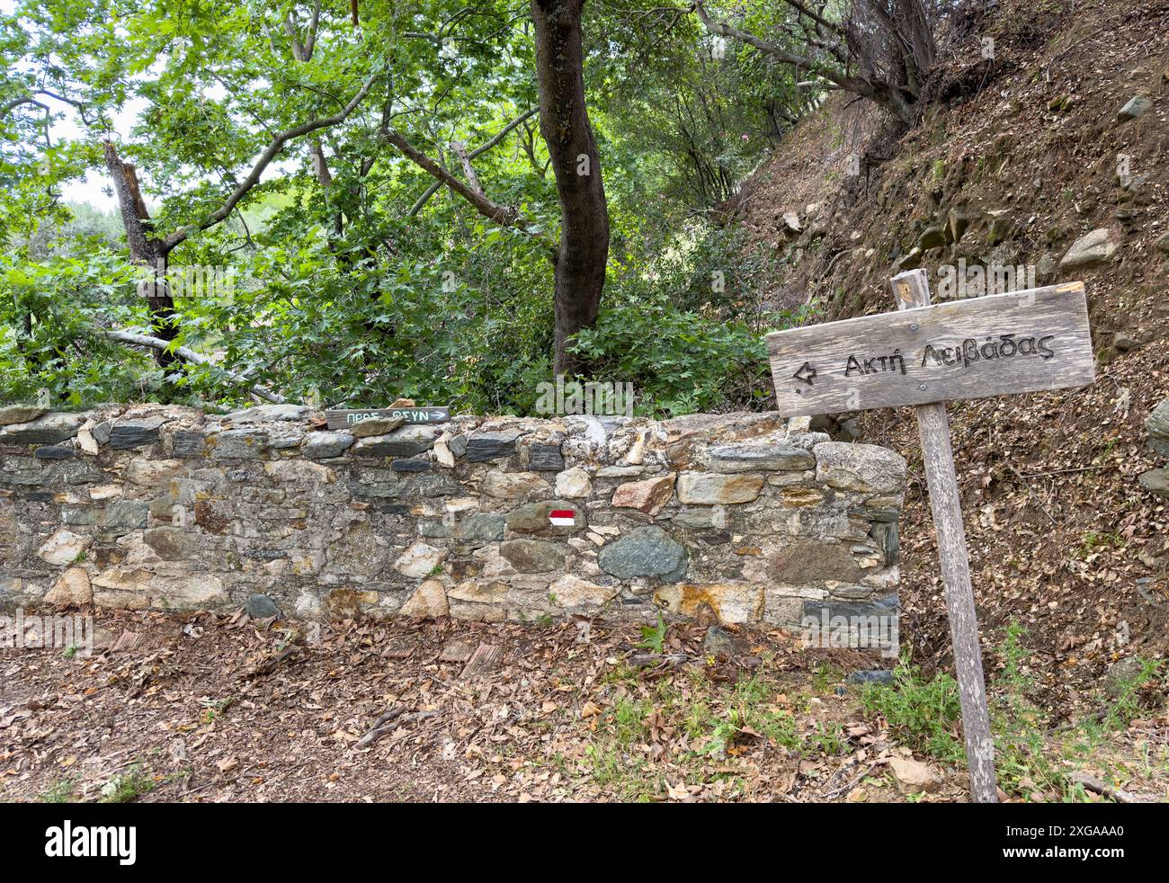 Direction arrow sign. Akti Livadas text written at wooden signboard on ...