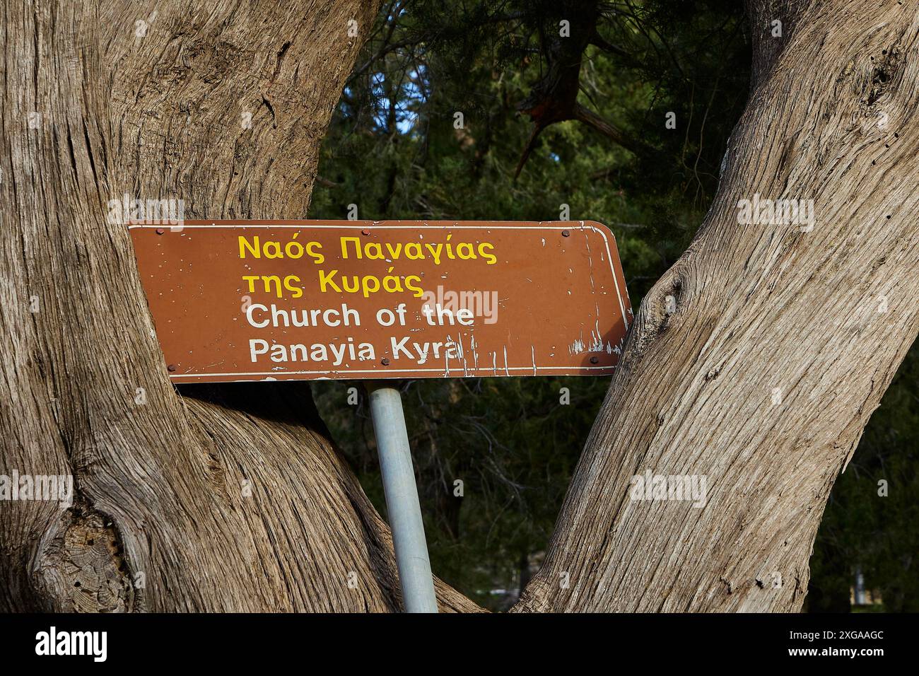 An old wooden sign between two trees pointing to a church, Panagia Kyra ...