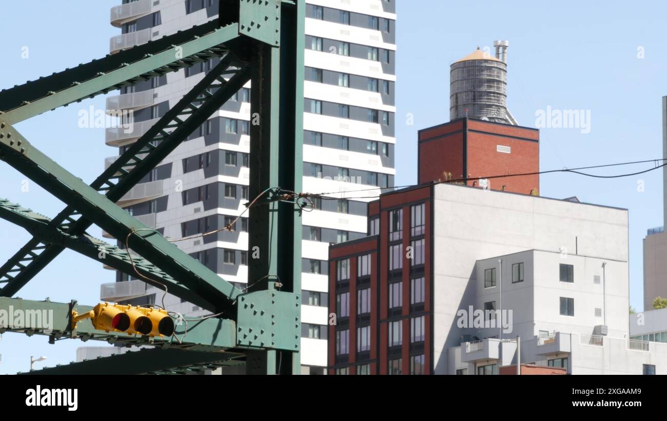 New York elevated subway, metropolitan bridge, metro track above street ...