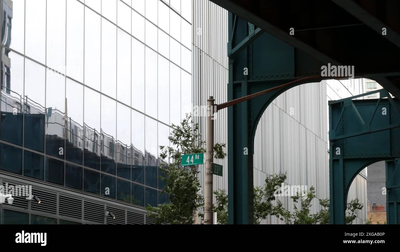 New York elevated subway, metropolitan bridge, metro track above street ...