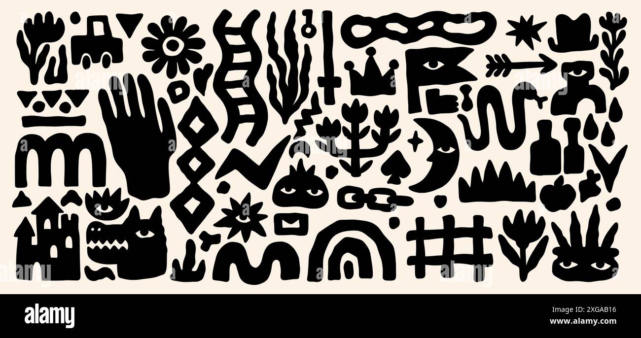 Strange characters. Black art creatures, monster shapes, doodle figures ...