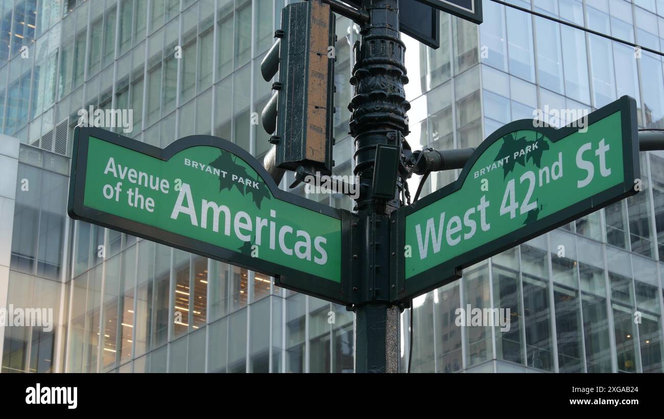 New York City crossroad, 42 street intersection green road sign. 6 ...