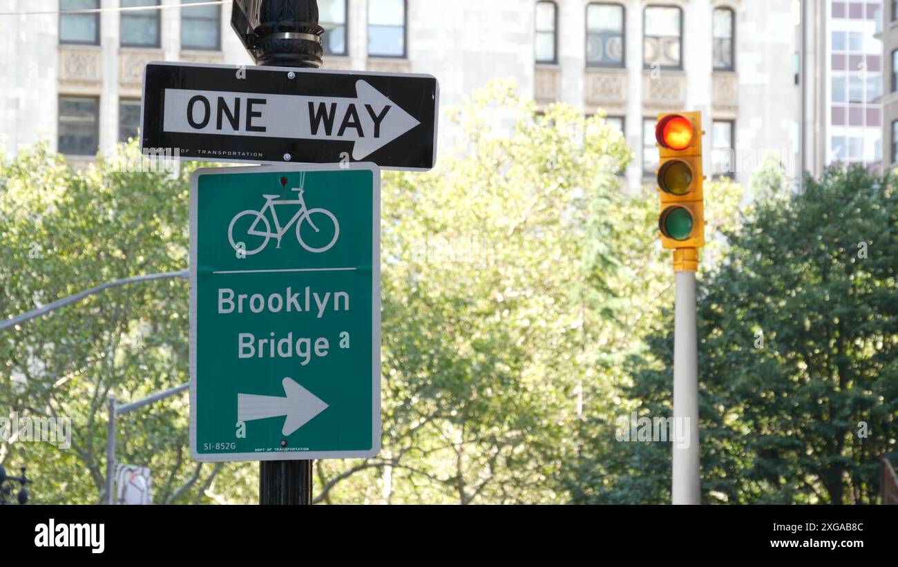 Bike lane road sign, New York. Brooklyn Bridge bicycle path, cycle ...