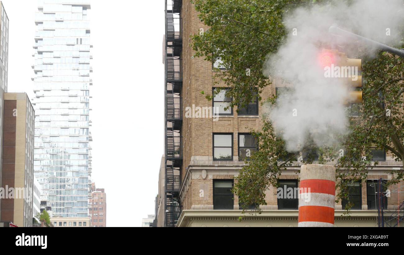 Steam vapor vented, New York City Church, Fulton street, orange vapour ...