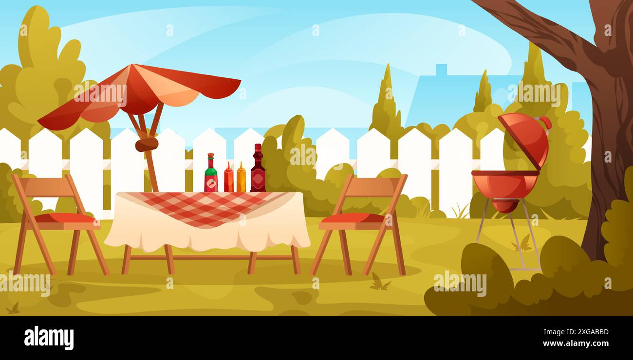 BBQ party. Picnic on backyard garden. Outdoor lunch cooking under ...