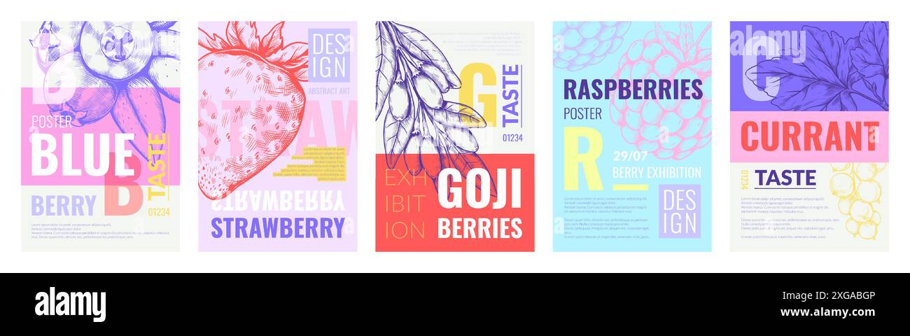 Berry posters. Abstract fruit juice label or tattoo. Summer hipster ...