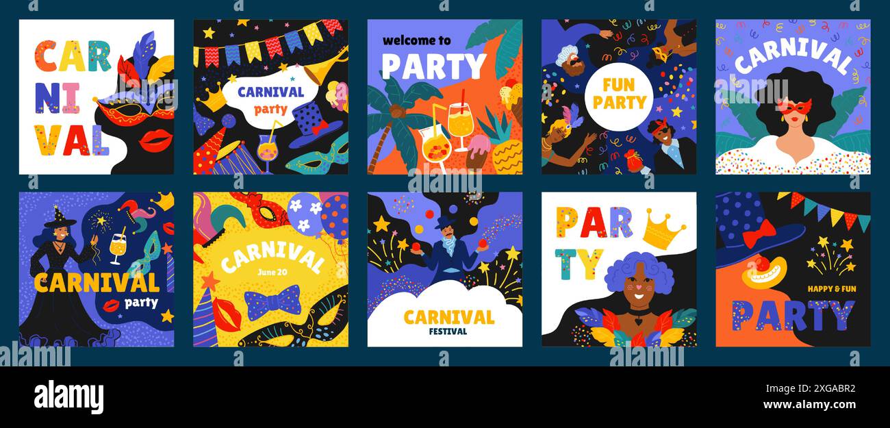 Carnival poster. Festival party costume, festive music people dance in ...