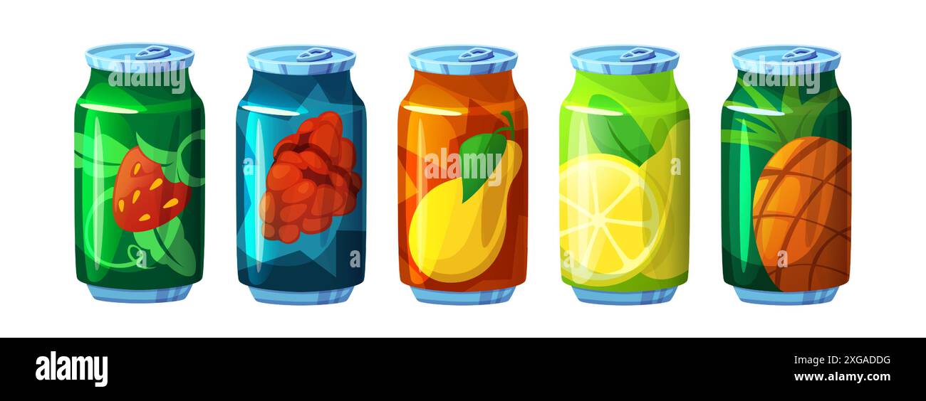 Fruit and berry carbonated soda in tin can. Assorted cool fizzy juice ...