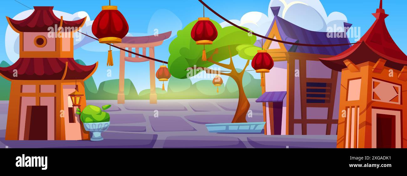 Old Chinese town street in summer. Vector cartoon illustration of Asian ...