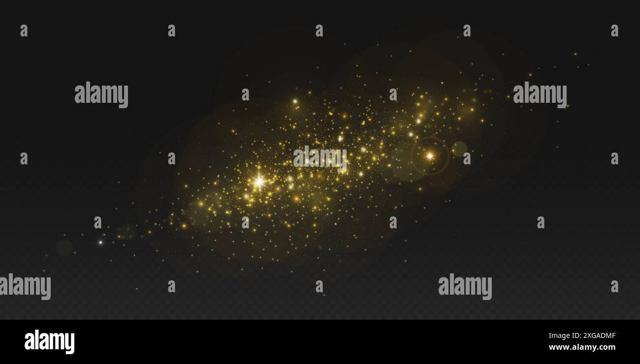 Golden dust shimmering on dark night sky background. Vector realistic illustration of magic ...