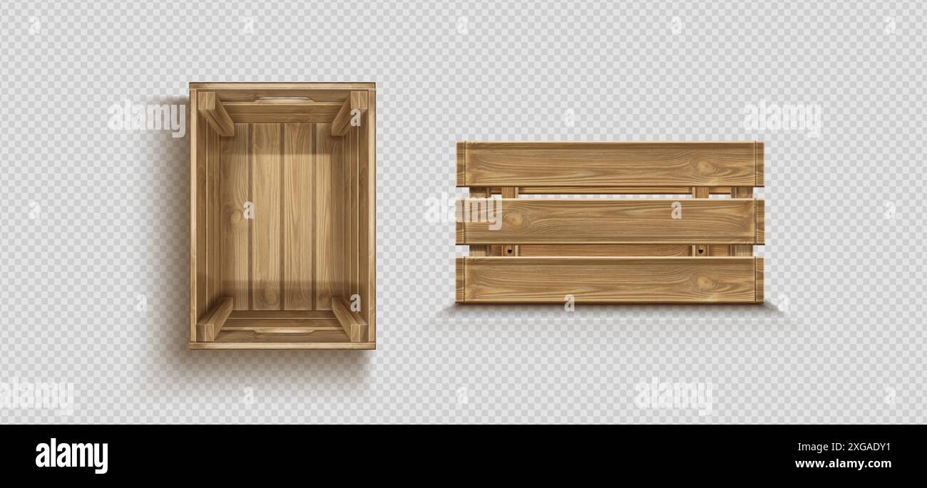 Wooden crate top and side view. Empty open wood box for fruit or ...