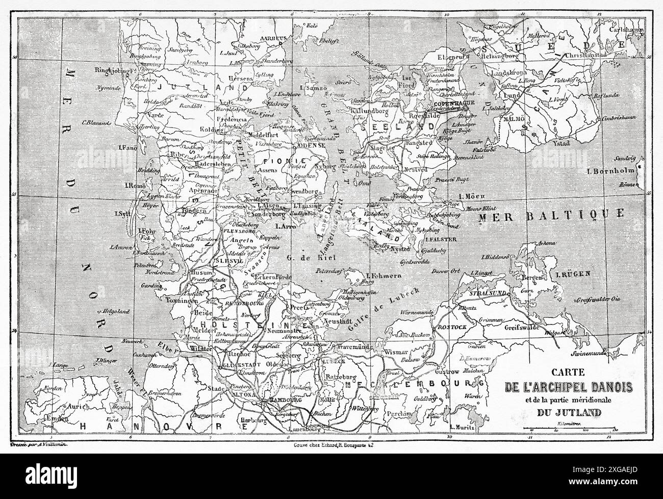 Old map of the Danish Archipelago and southern part of Jutland, Denmark ...