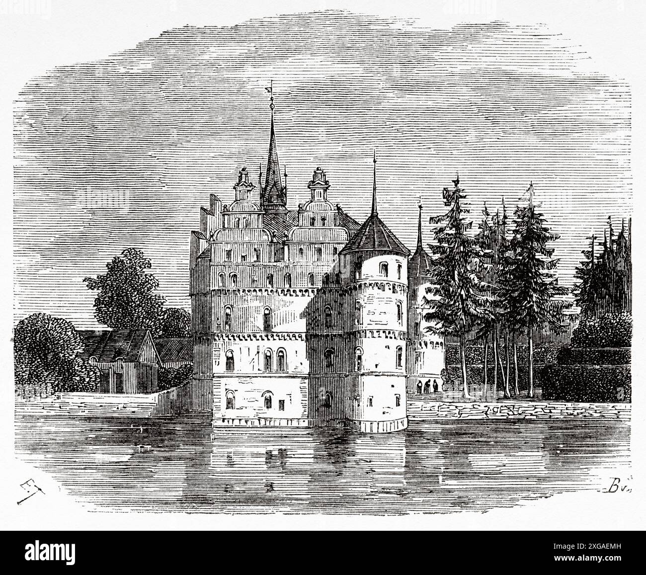 Egeskov castle, Funen, Denmark, drawing by Emile Therond (1821- 1883 ...