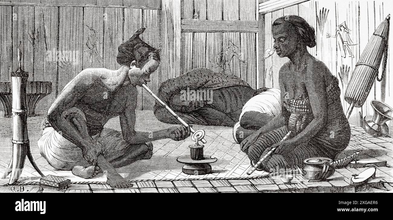 Opium smokers. Borneo Island, Malaysia, drawing by Gustave Boulanger ...