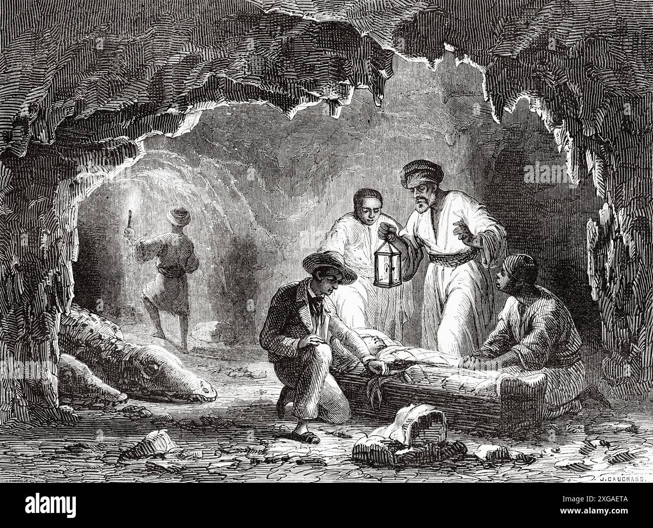 Archaeological discoveries in the caves of Samoun, Egypt, drawing by ...