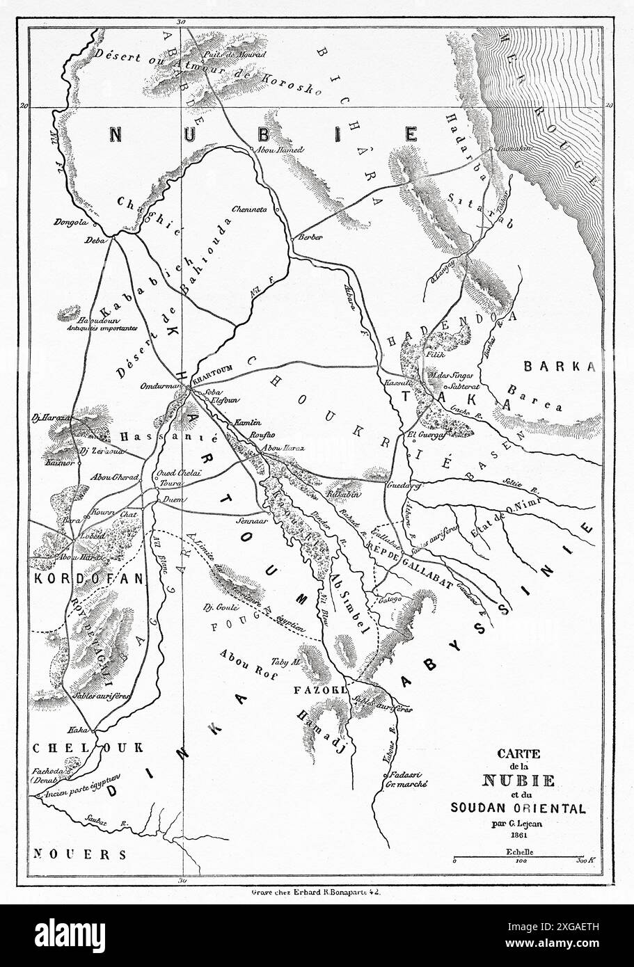 Old map of Sudan and Nubia, Africa. Drawing by Karl Girardet (1813-1871 ...