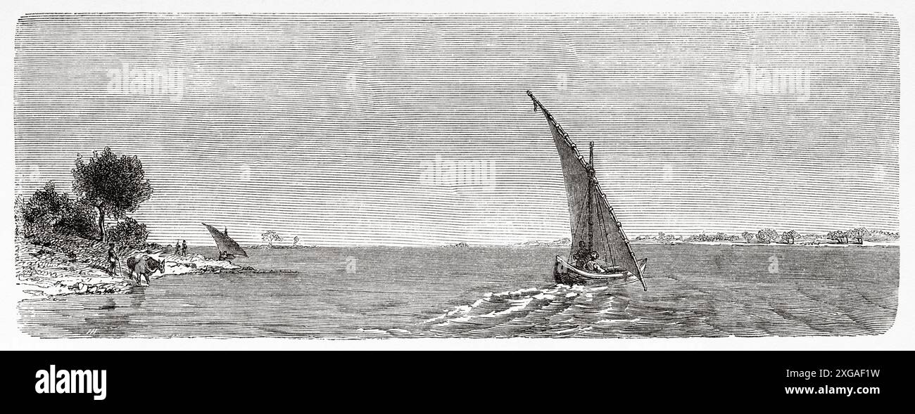 White Nile River in South Sudan, Africa. Drawing by Karl Girardet (1813 ...