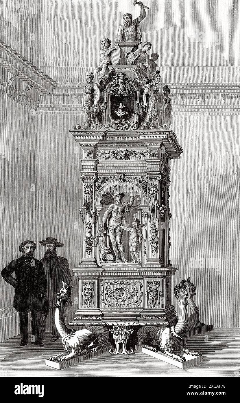 Old large clay stove decorated in neoclassical style with statues and ...