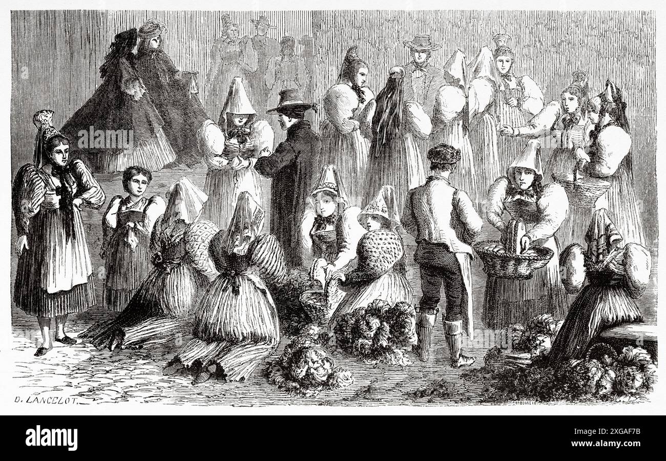 Traditional market scene in Augsburg, Germany. Drawing by Dieudonne ...