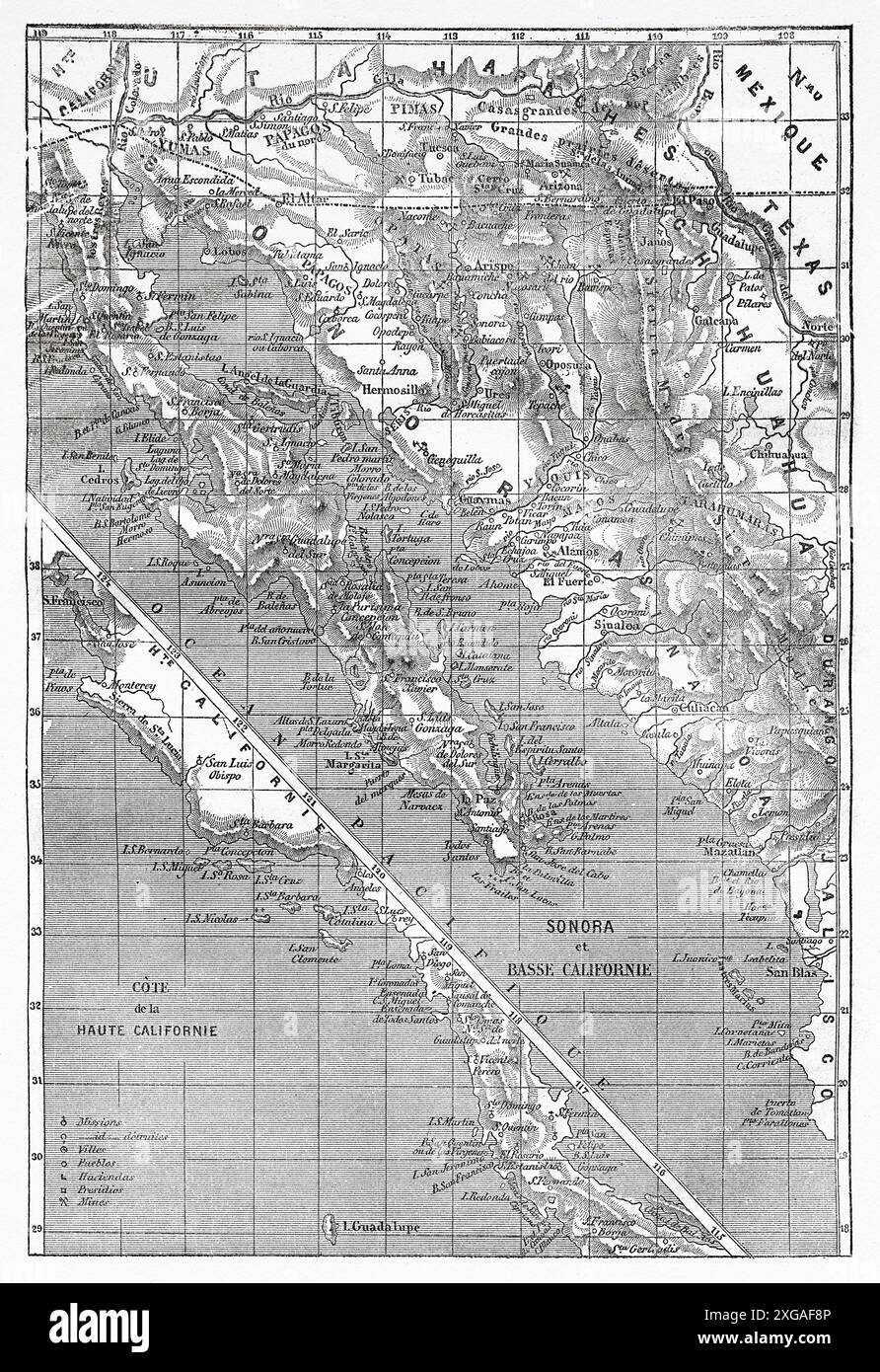 Old map of Sonora and Baja California, Mexican state of Sonora. Mexico ...
