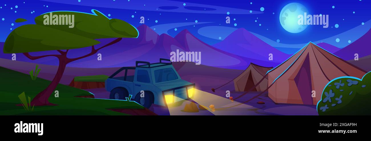 Camp tents and car with headlights turned on in African savannah desert ...