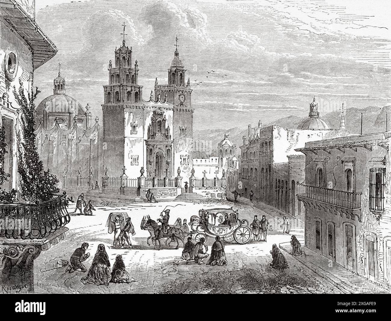 Plaza Mayor and cathedral building, Guanajuato. Mexico, drawing by ...