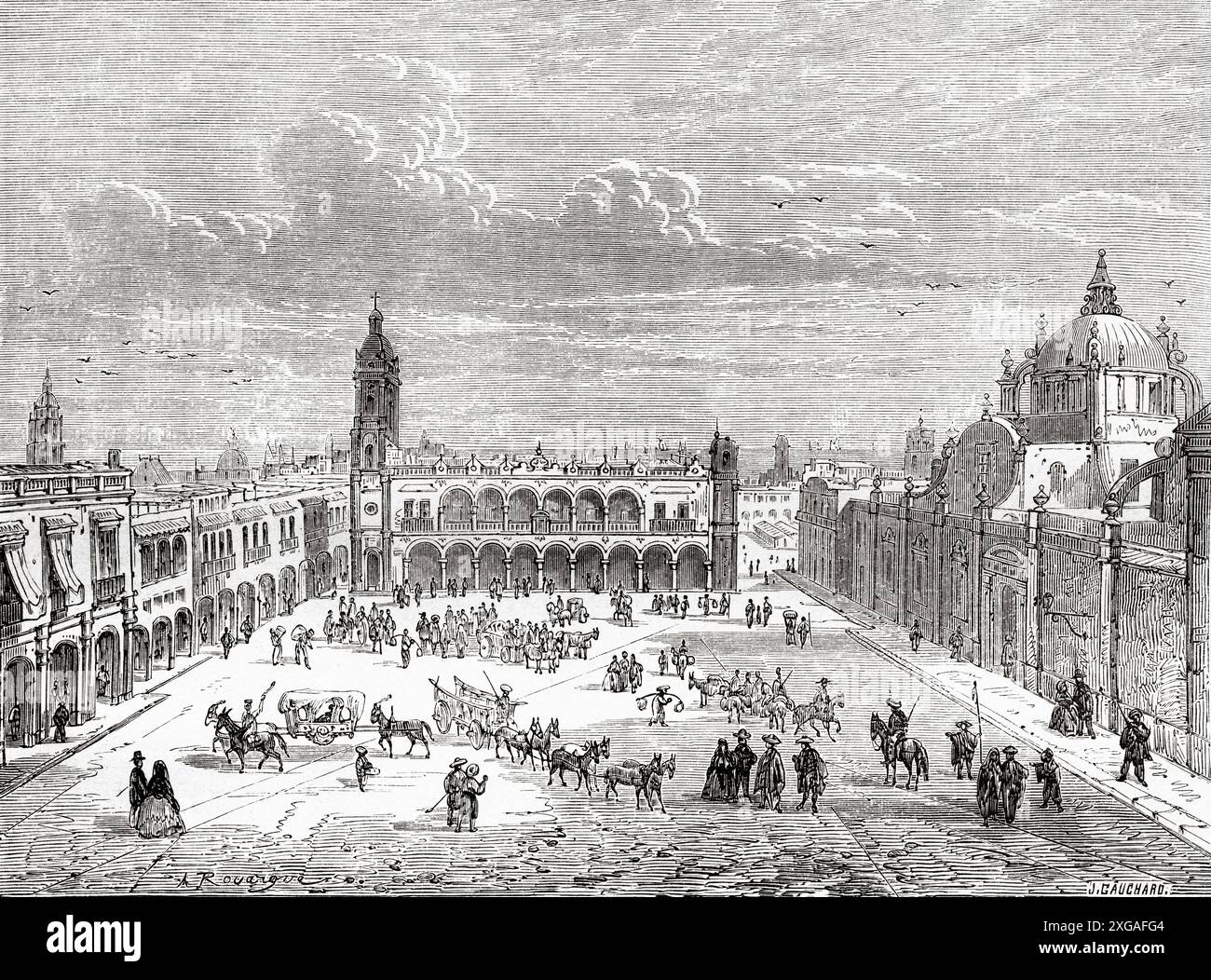 Plaza Mayor in Veracruz, Mexico, drawing by Adolphe Rouargue (1810-1870) Travel in Mexico, 1854 ...