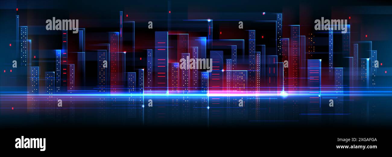 Abstract tech city with blue and red neon glow on black background ...