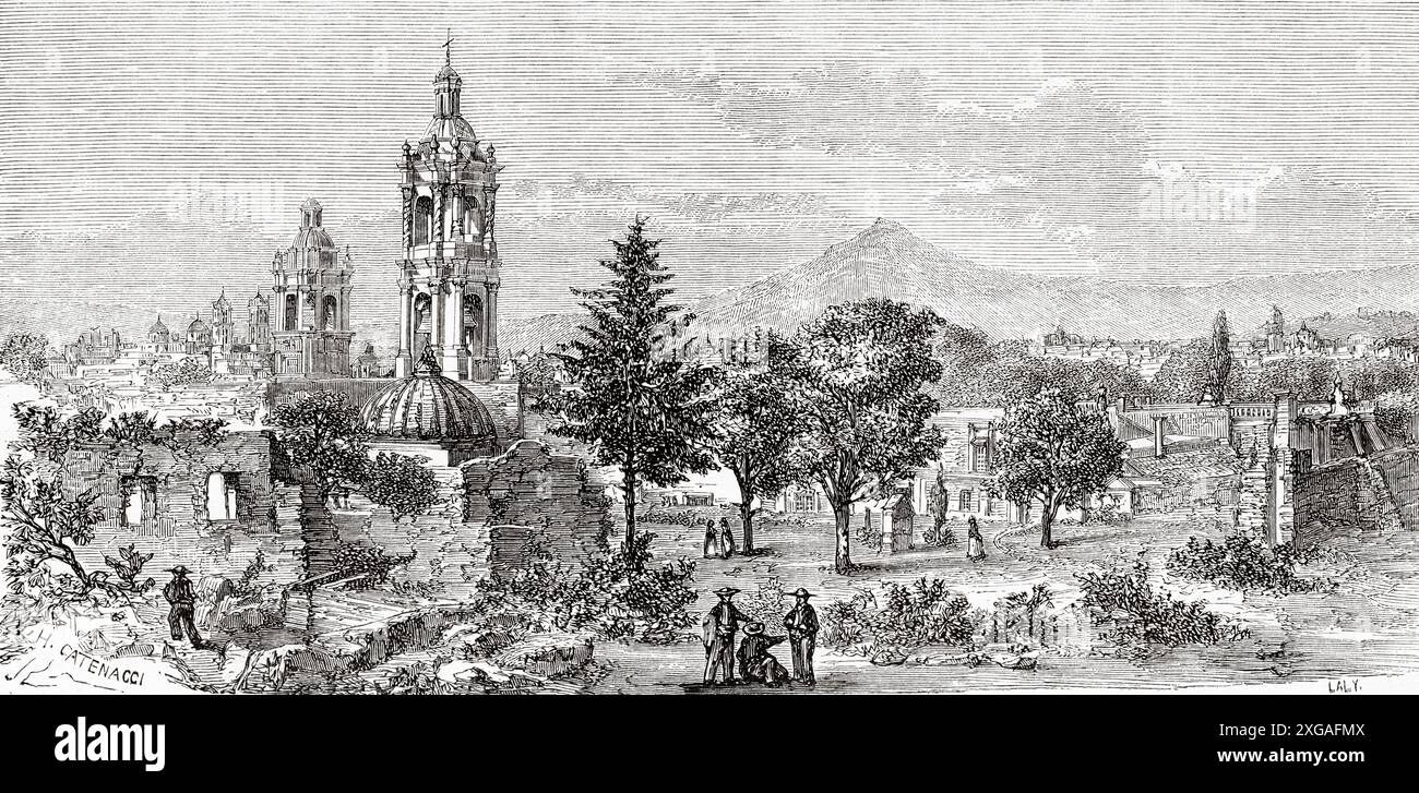 General panoramic view of the city of Puebla State, Mexico, drawing by ...