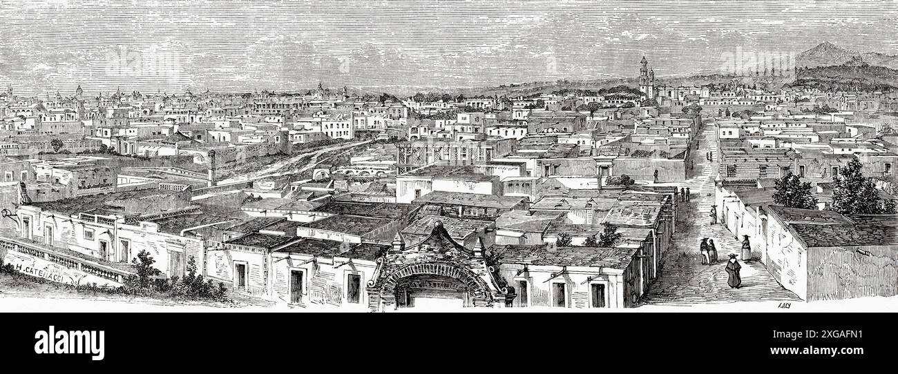 General panoramic view of the city of Puebla, Mexico, drawing by Enrico ...