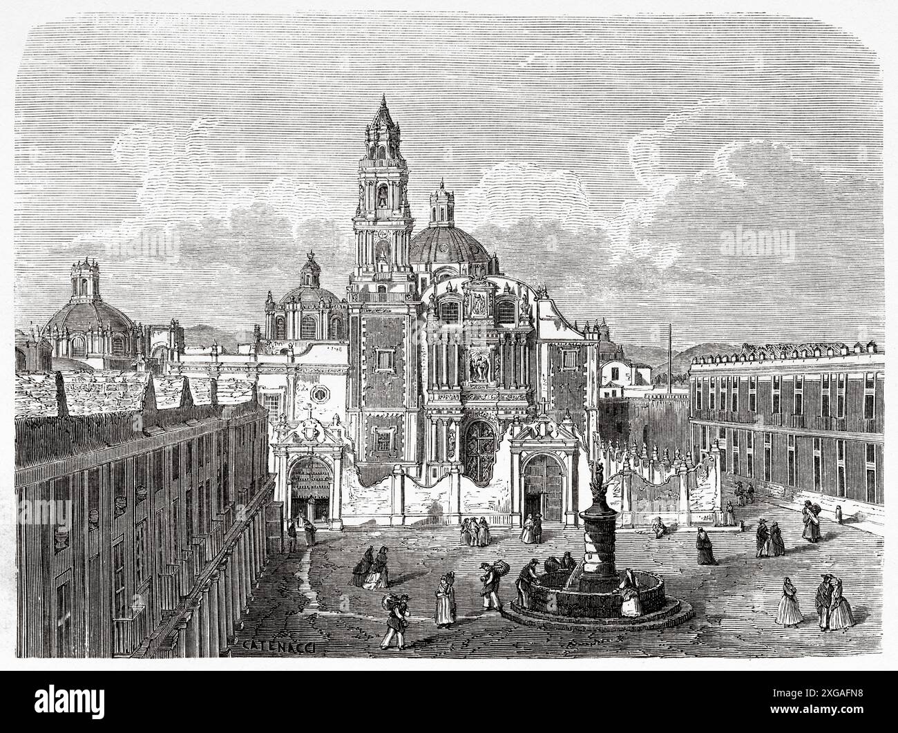Santo Domingo square, Mexico city, drawing by Enrico Catenacci. Travel in Mexico, 1854-1855 by ...