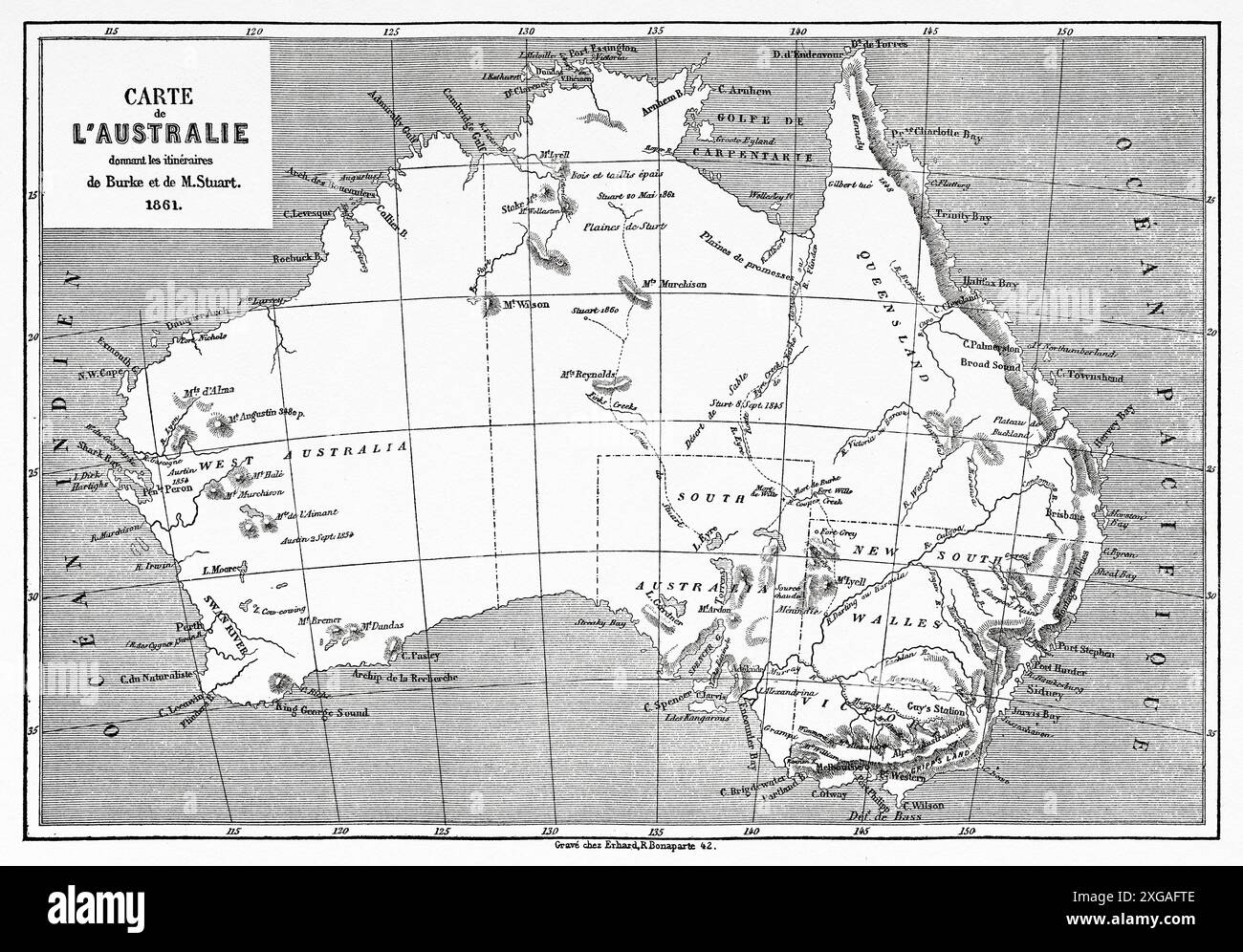 Old map of the continent of Australia with the routes of Burke and ...