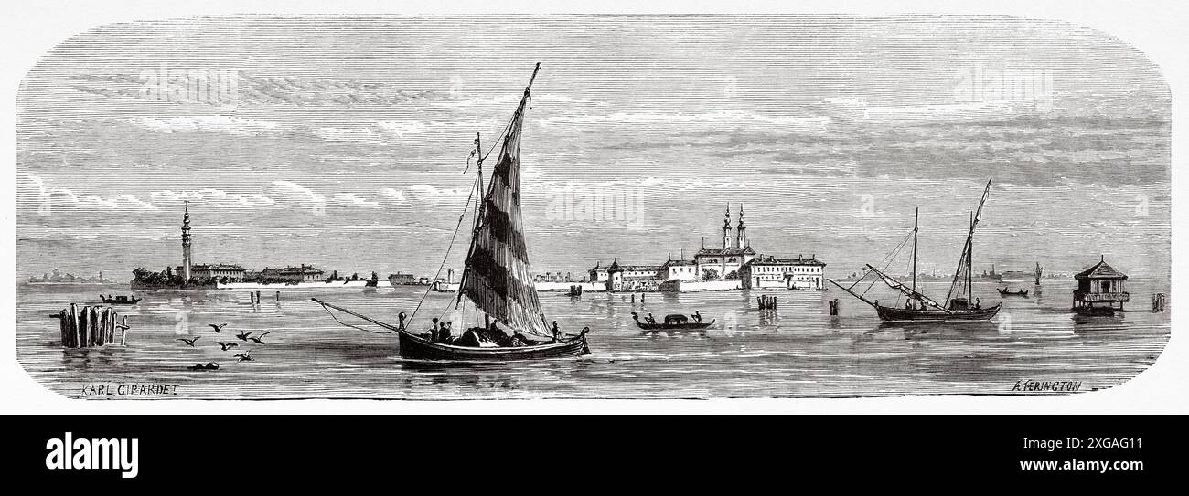 The islands of St Servolo and St Lazarus, Venice. Italy, drawing by ...
