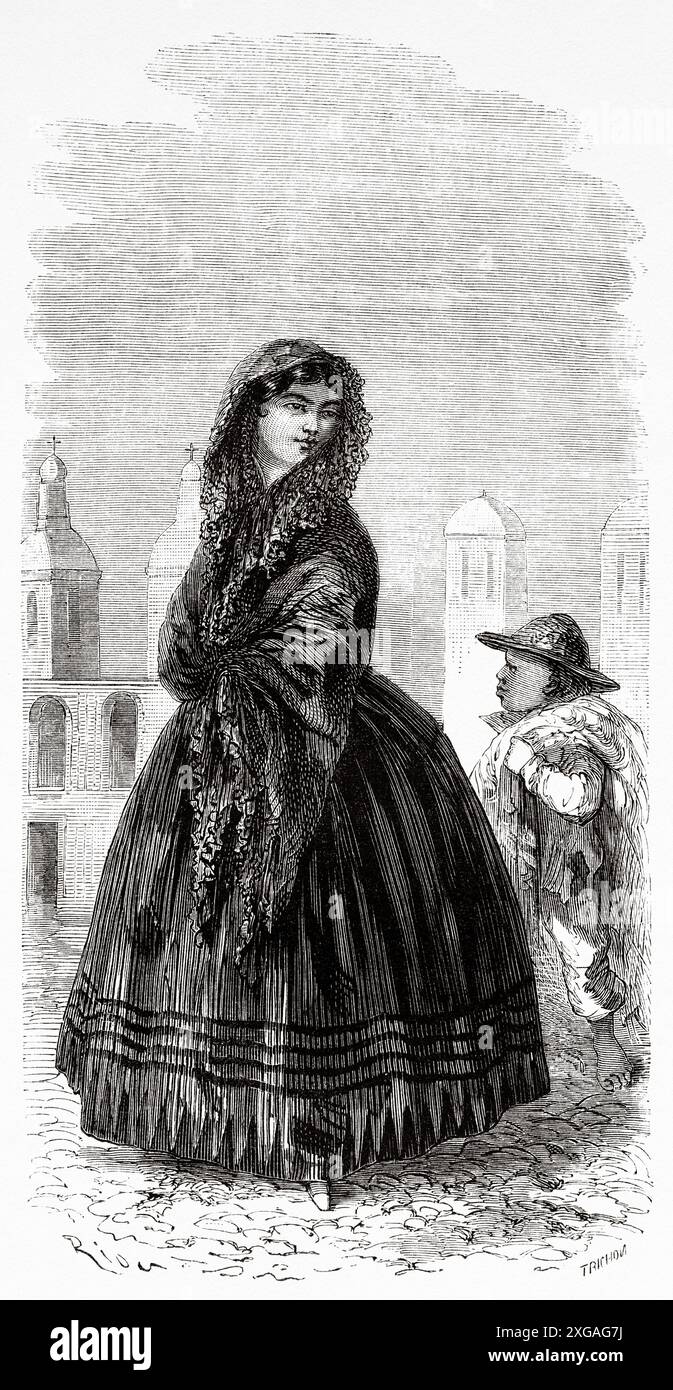 Arequipa woman in mass clothes with her carpet bearer, Peru, South ...