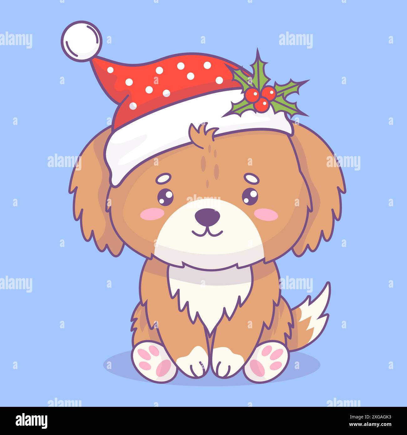 Christmas dog in Santa hat with holly. Cute cartoon kawaii character ...