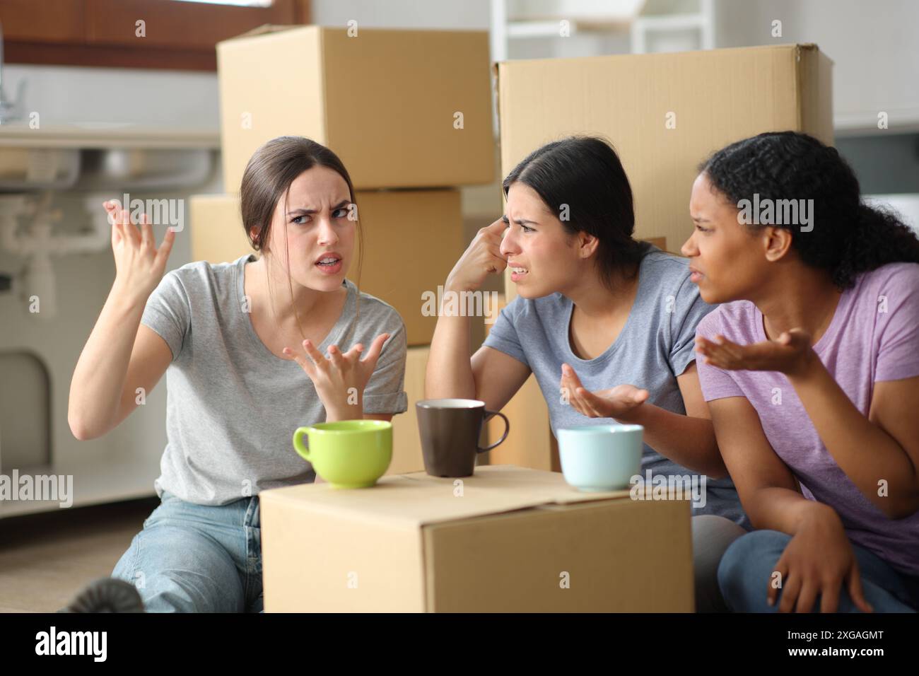 Three angry roommates arguing while moving house in the kitchen Stock ...