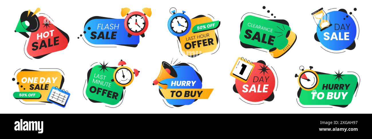 Last time offer badge vector set. Sale promo stickers with alarm clock ...