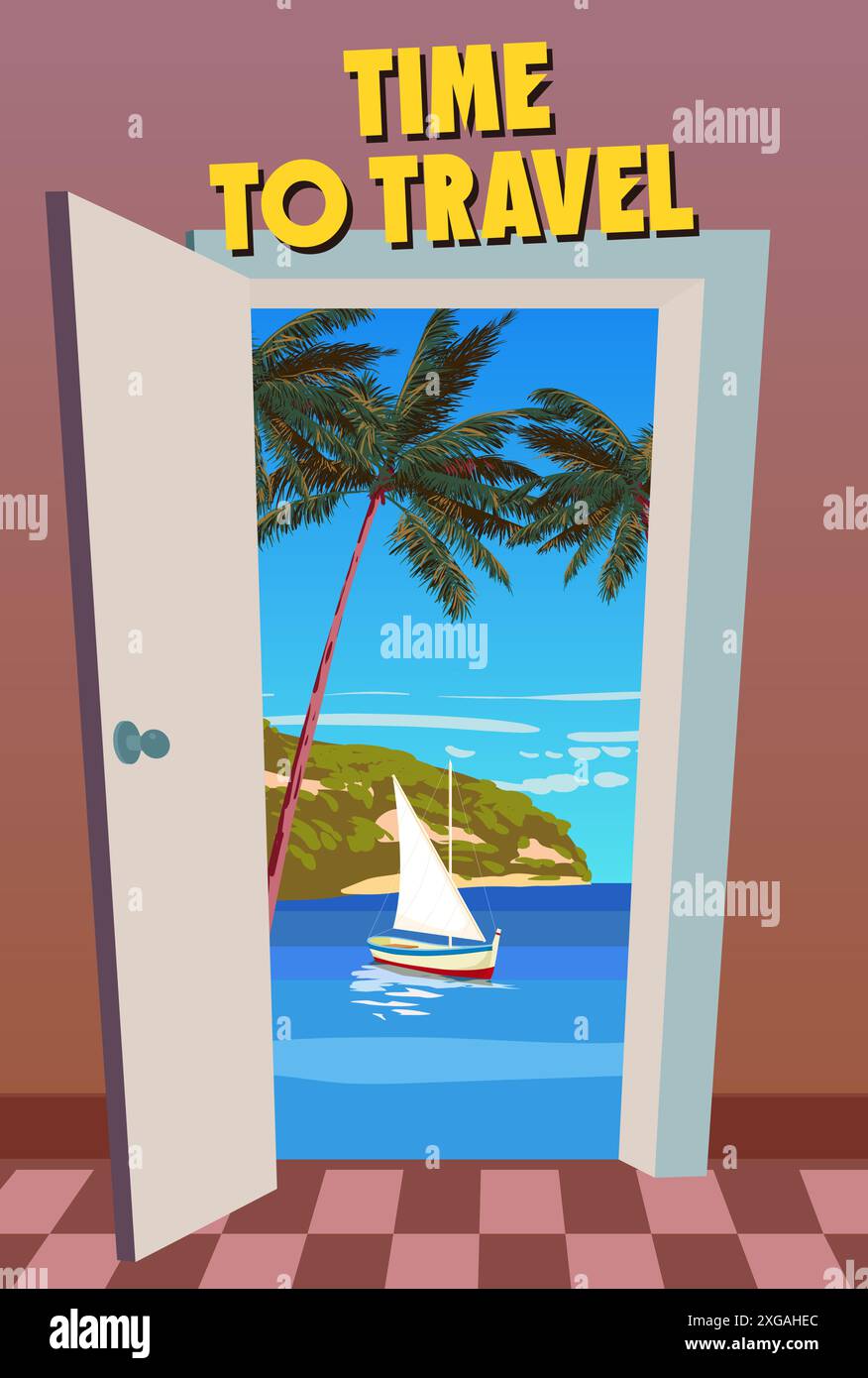 Time To Travel Poster. Open door entrance to tropical island ocean ...
