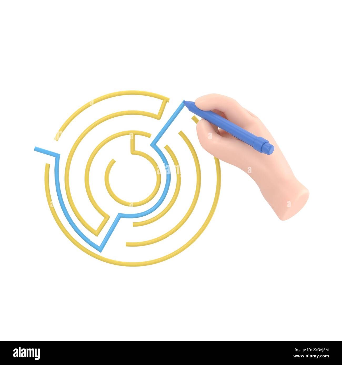 Find way out. Exit from circle labyrinth. Man with pen leads line from ...