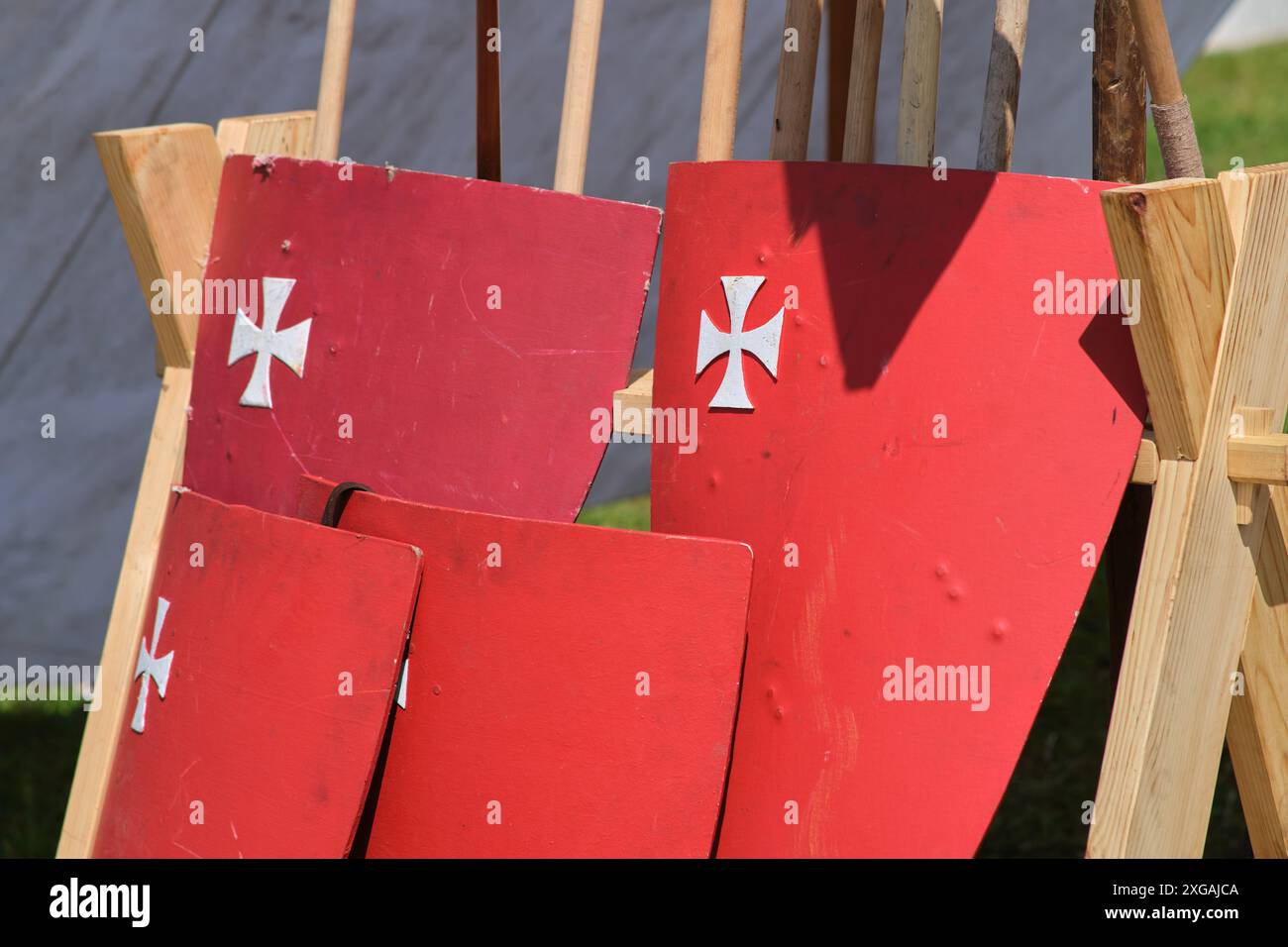 Retro red shields with painted medieval crosses, closeup Stock Photo ...