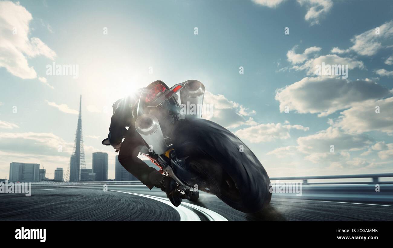 Motorcyclist leans into sharp curve, riding bike on modern city ...