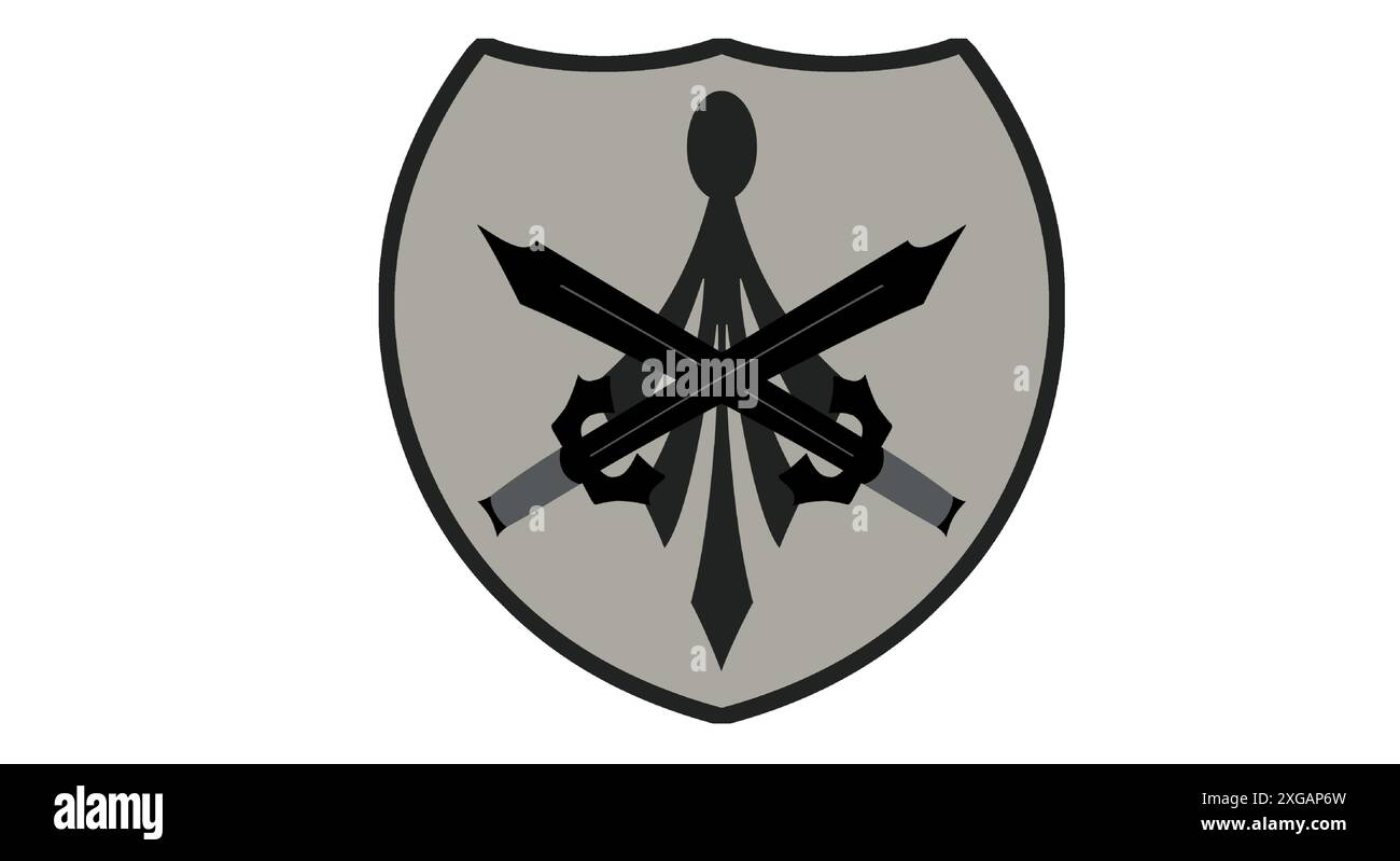 An illustration of a shield containing 2 sword blades with leaf-shaped ornaments on the back ...