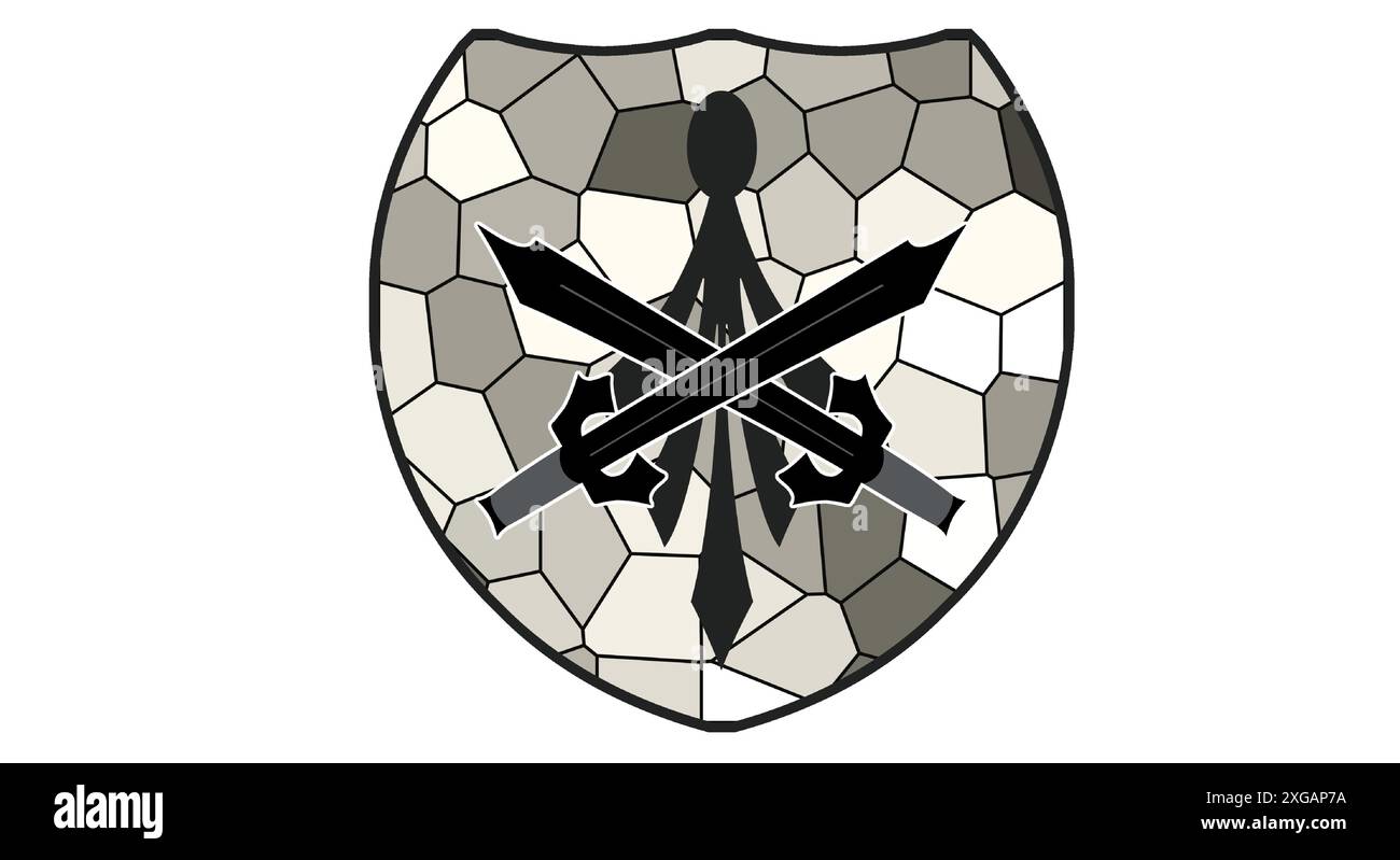 An illustration of a shield containing 2 sword blades with leaf-shaped ...