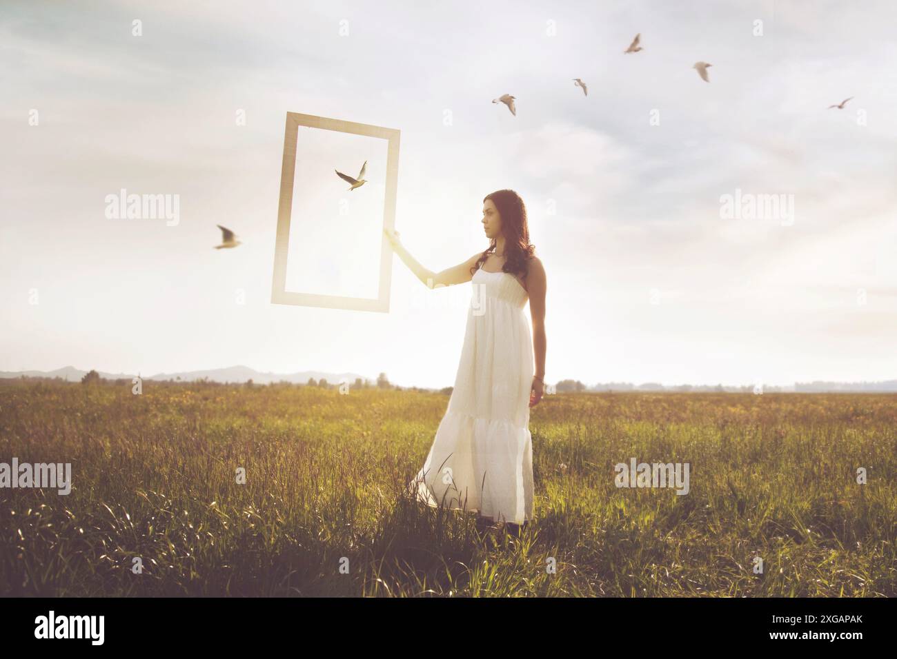 passage of a group of birds through a surreal window held by a woman ...