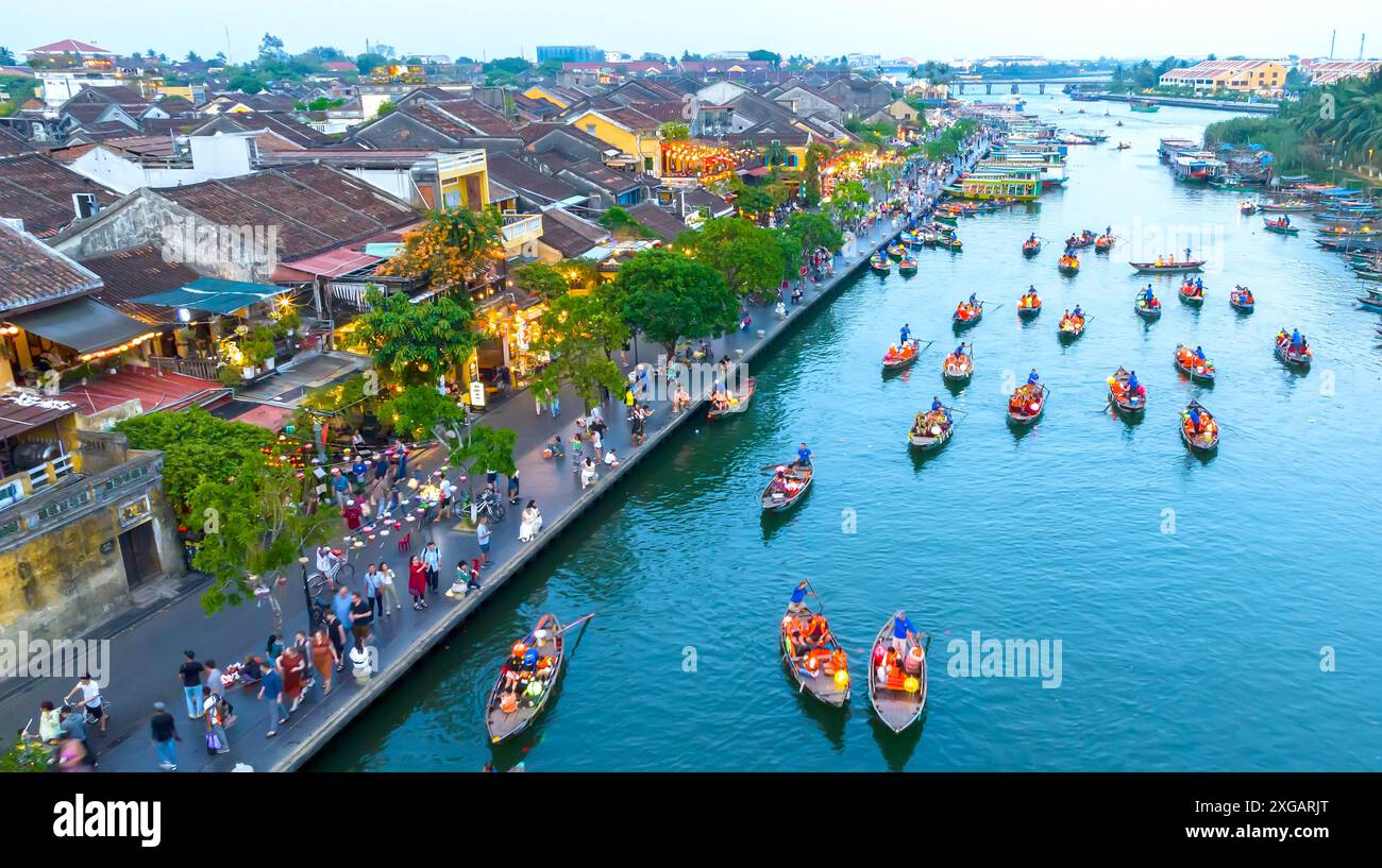 Aerial view of Hoi An ancient town at dusk or night, this place is a ...