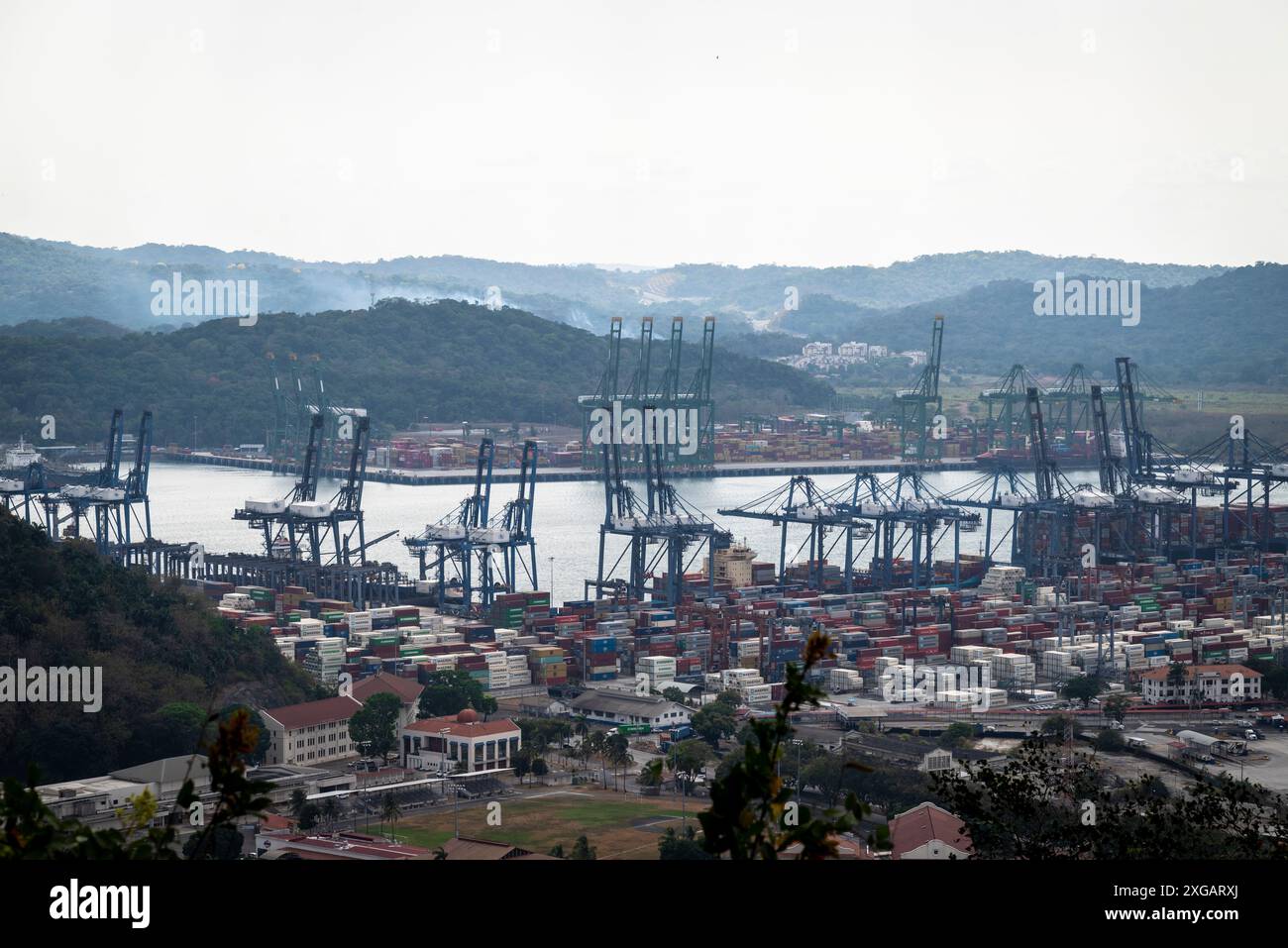 View of cranes and cargo containers from Ancon Hill, Panama City ...