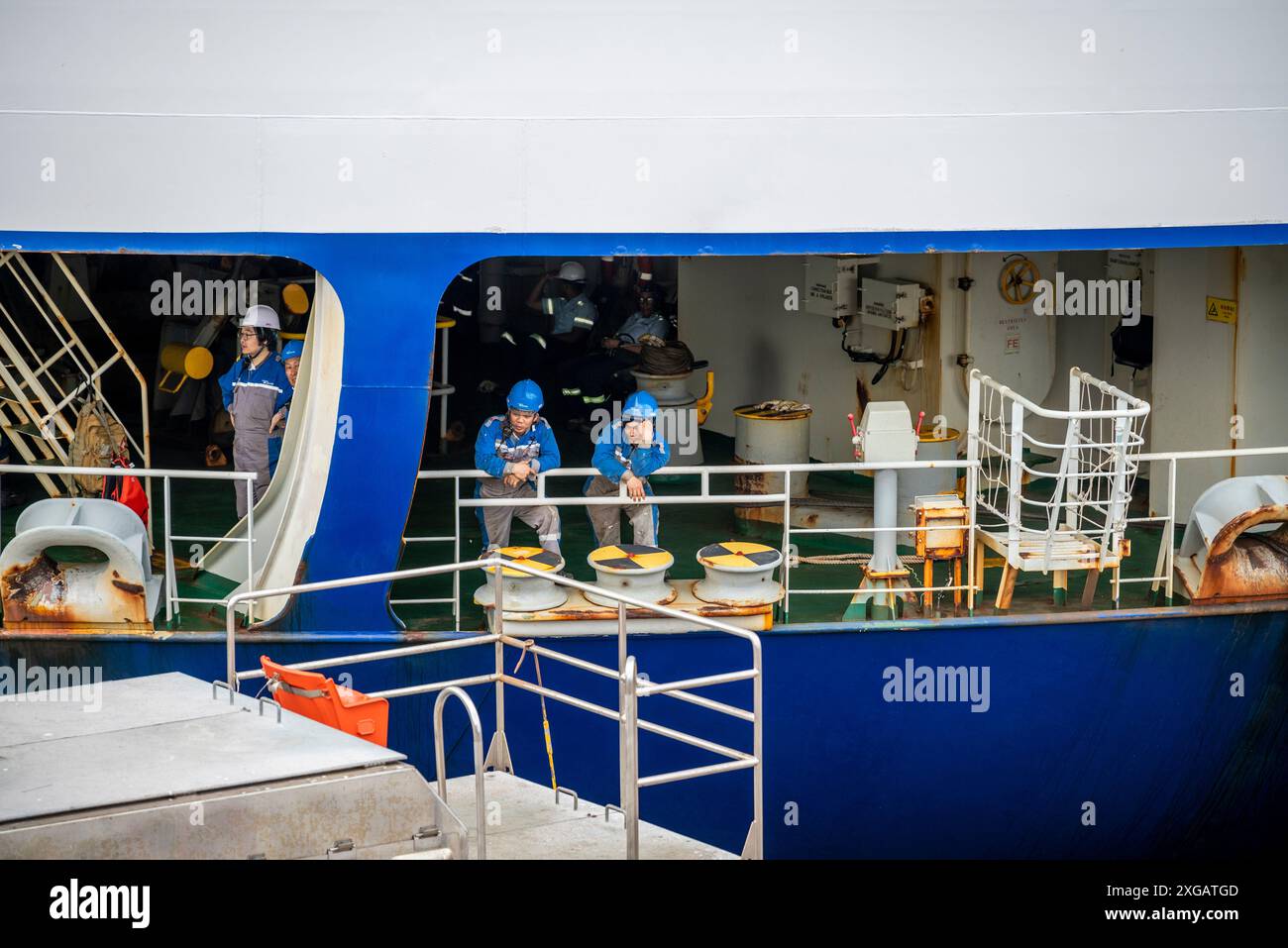 Ship crew on the South Korean ship passing through Panama Canal at ...
