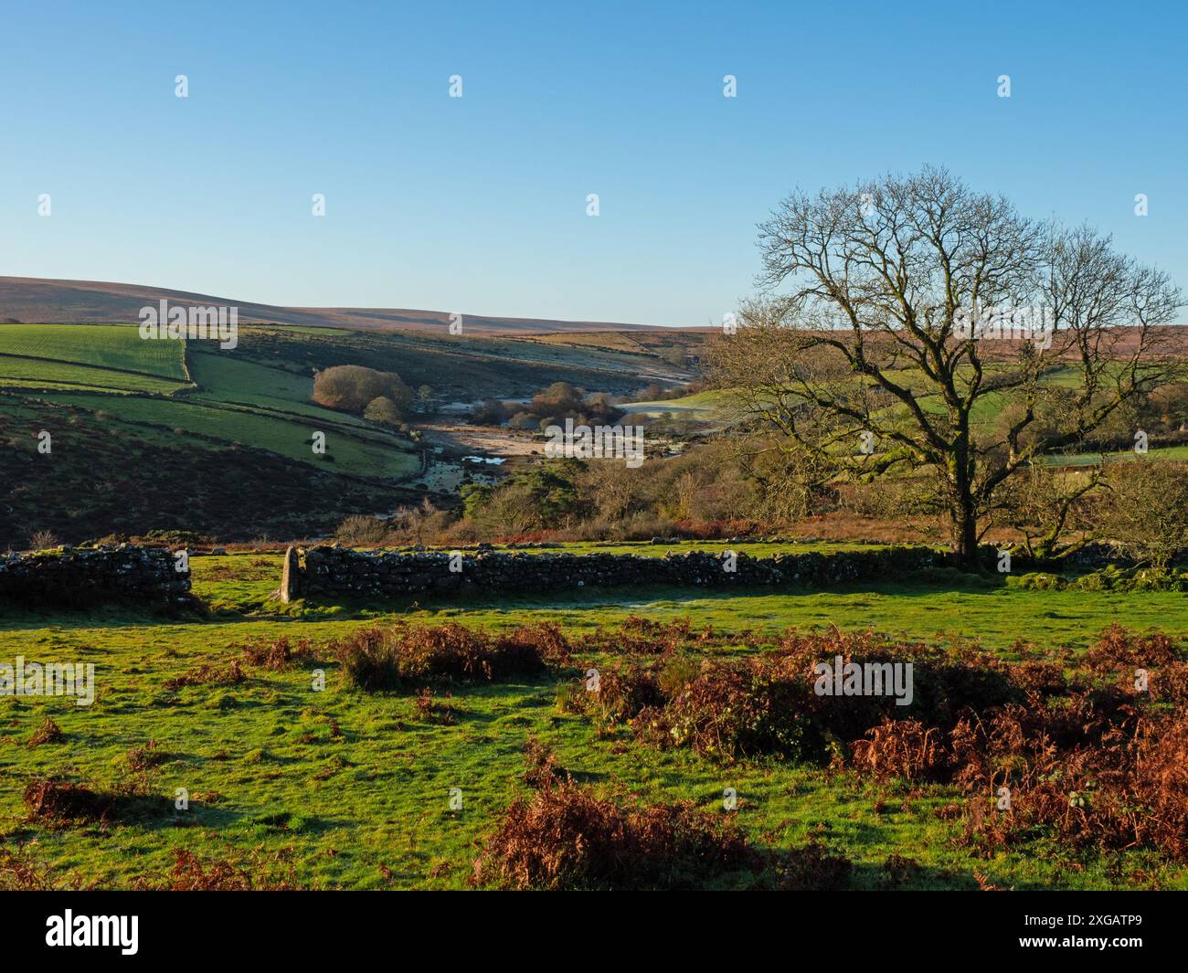 Farmland and misty valley with the moorland of Dartmoor National Park ...