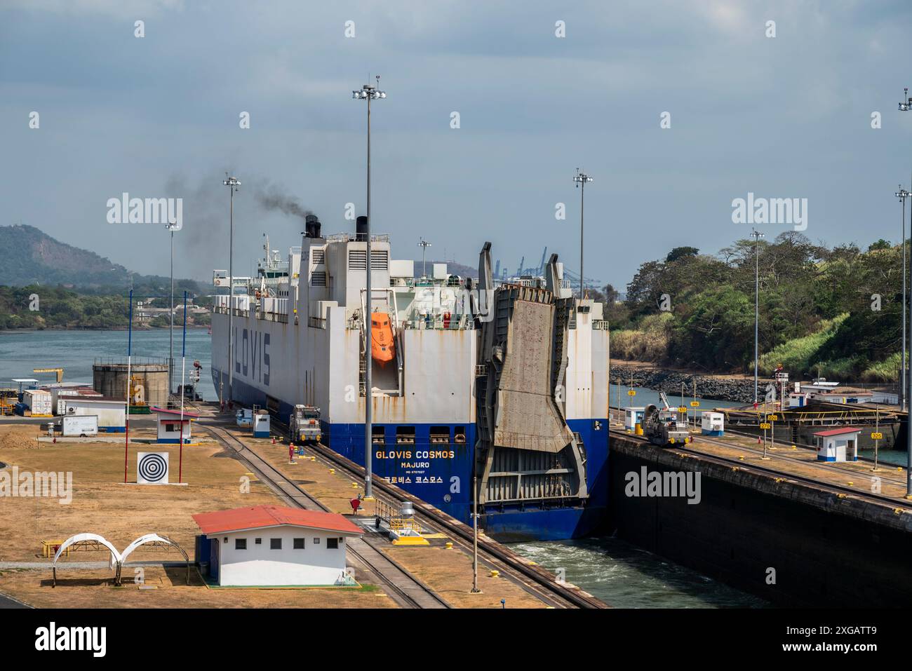 South Korean ship entering Pacific Ocean at Miraflores Lock, Panama ...