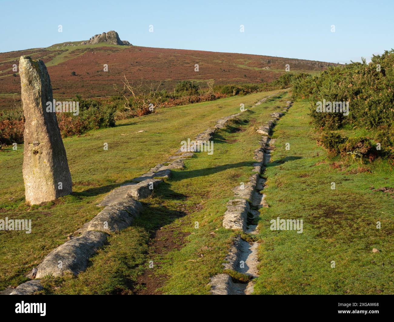 Haytor Granite Tramway and marker stone with Haytor beyond, Dartmoor ...